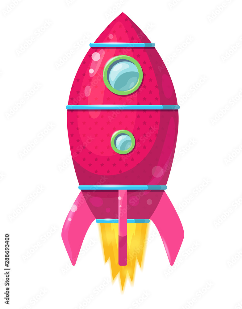 Cartoon pink rocket with flame isolated on white background. Vector ...