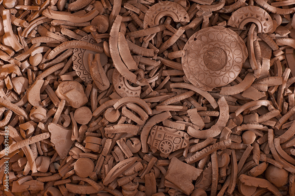 Texture of clay shards.Fragments of ancient pottery. Archaeological ...