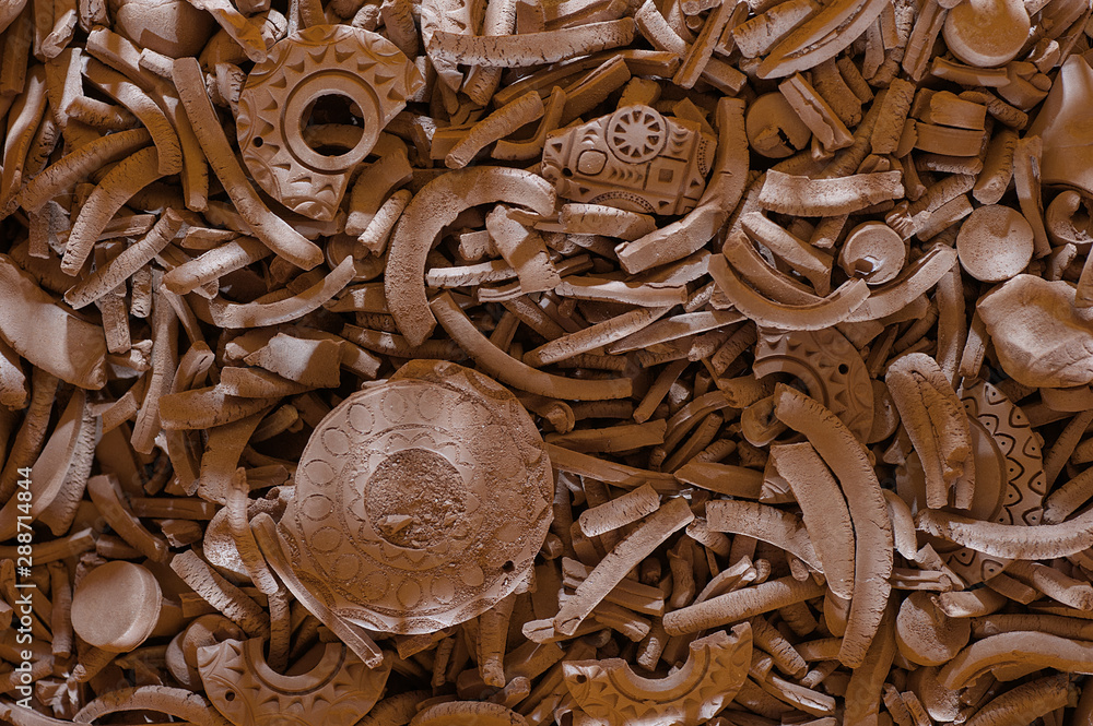 Texture of clay shards.Fragments of ancient pottery. Archaeological ...