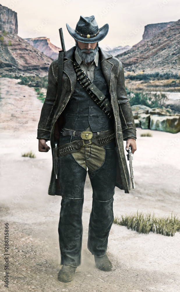 Portrait of a grizzled gun slinging cowboy walking toward the camera ...