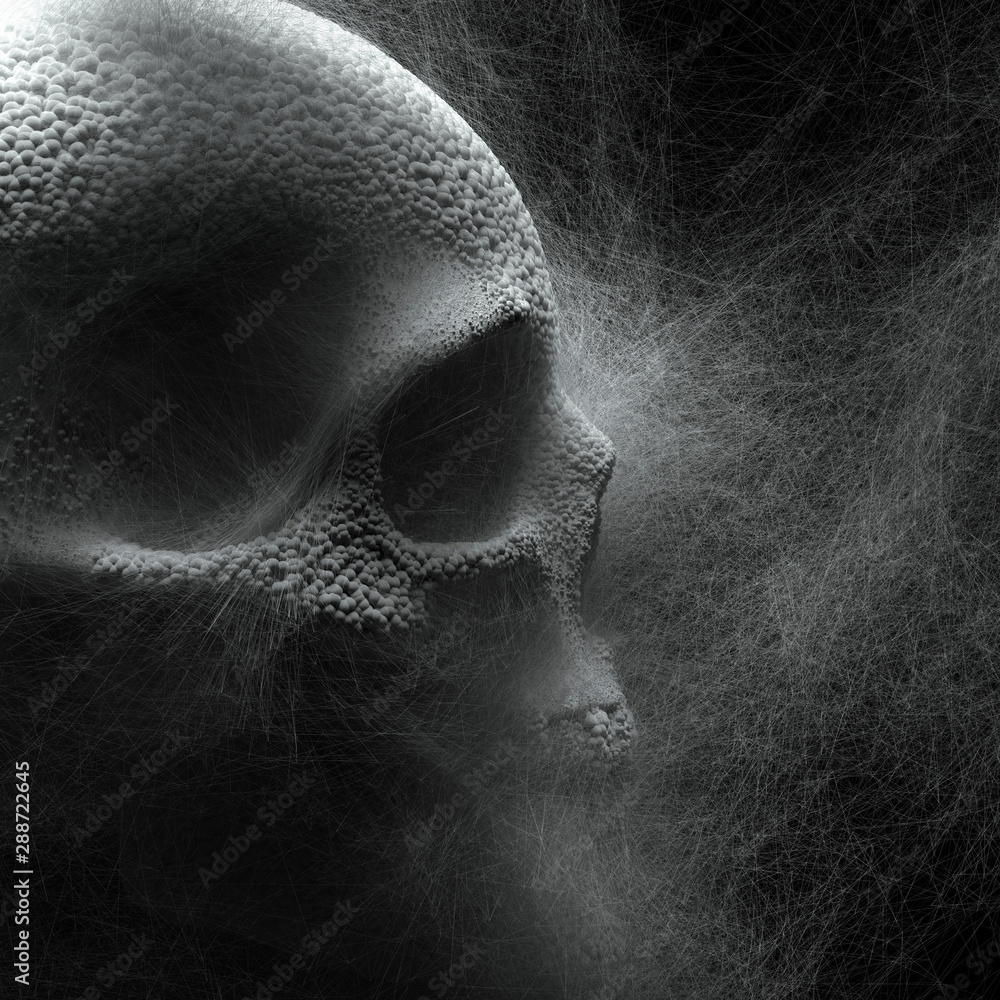 Stockillustratie 3d render of a creepy dark gray skull turned sideways ...