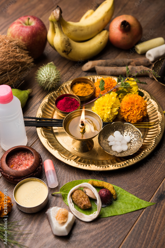 Pooja Material / Puja Sahitya in Hindu Religion from India, arranged in ...