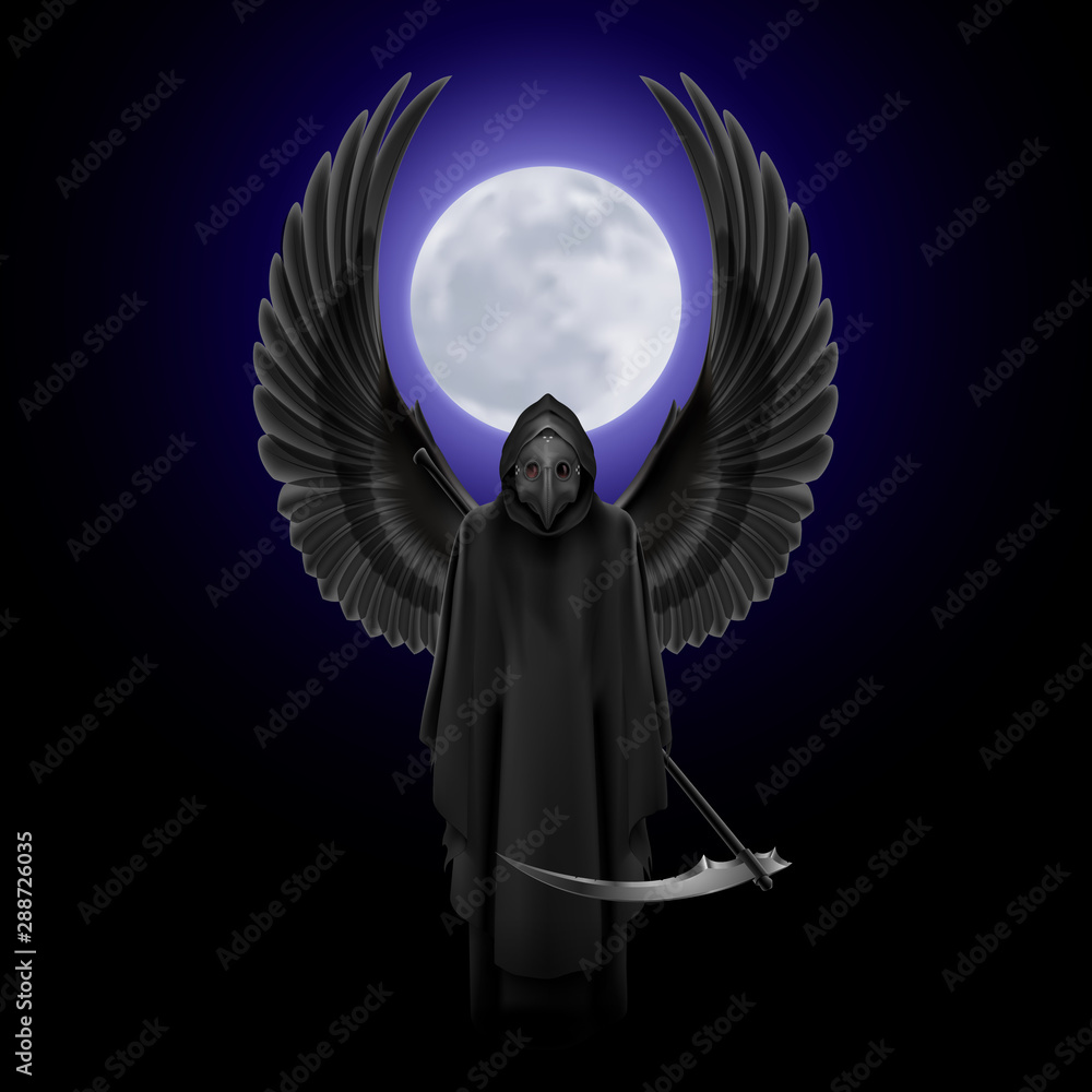 Plague Doctor with Two Wings Up Over Full Moon Background. Medieval ...