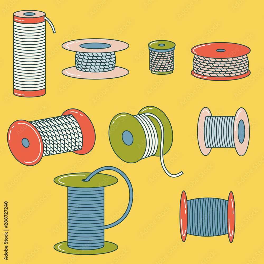 Set of wire spools, thread, alloy, rope reel. Coil. Outline drawing ...