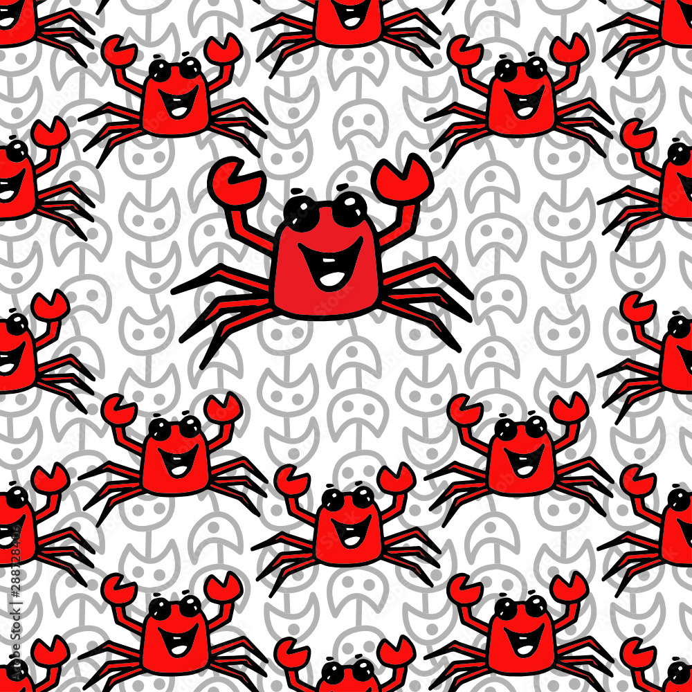 cartoon red crab on white background seamless pattern vector WITH PLANT ...