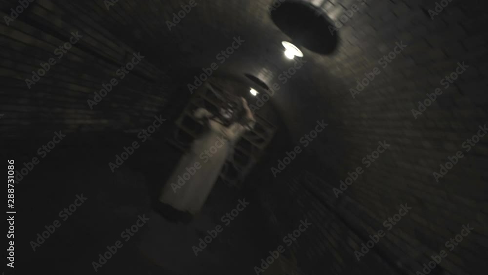 Video Stock A scary ghost of a fat woman with a rusty cage on his head ...