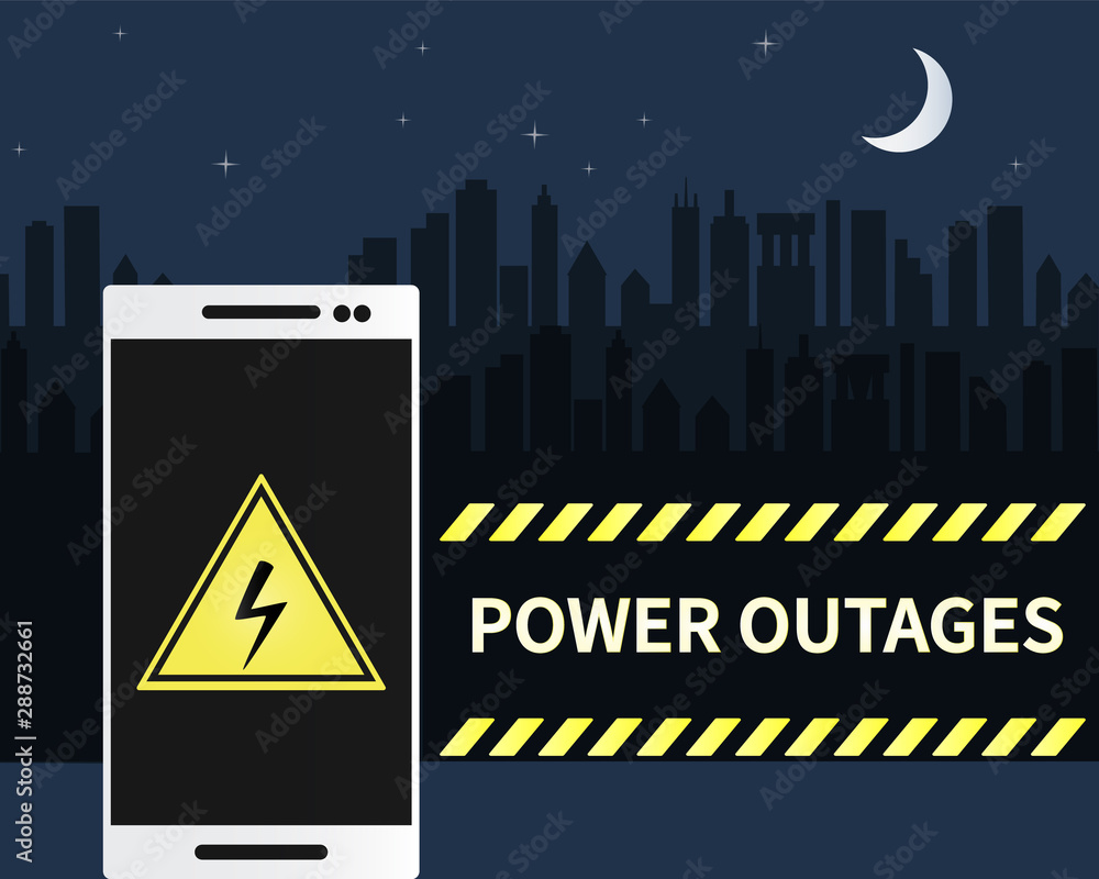 Power outage. Warning poster with dark city and smartphone. Triangular ...