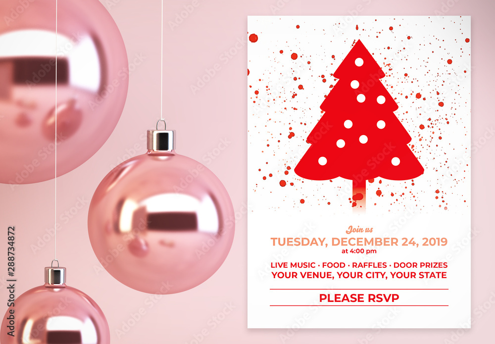 Holiday Party Card Layout with Red Elements Stock Template | Adobe Stock