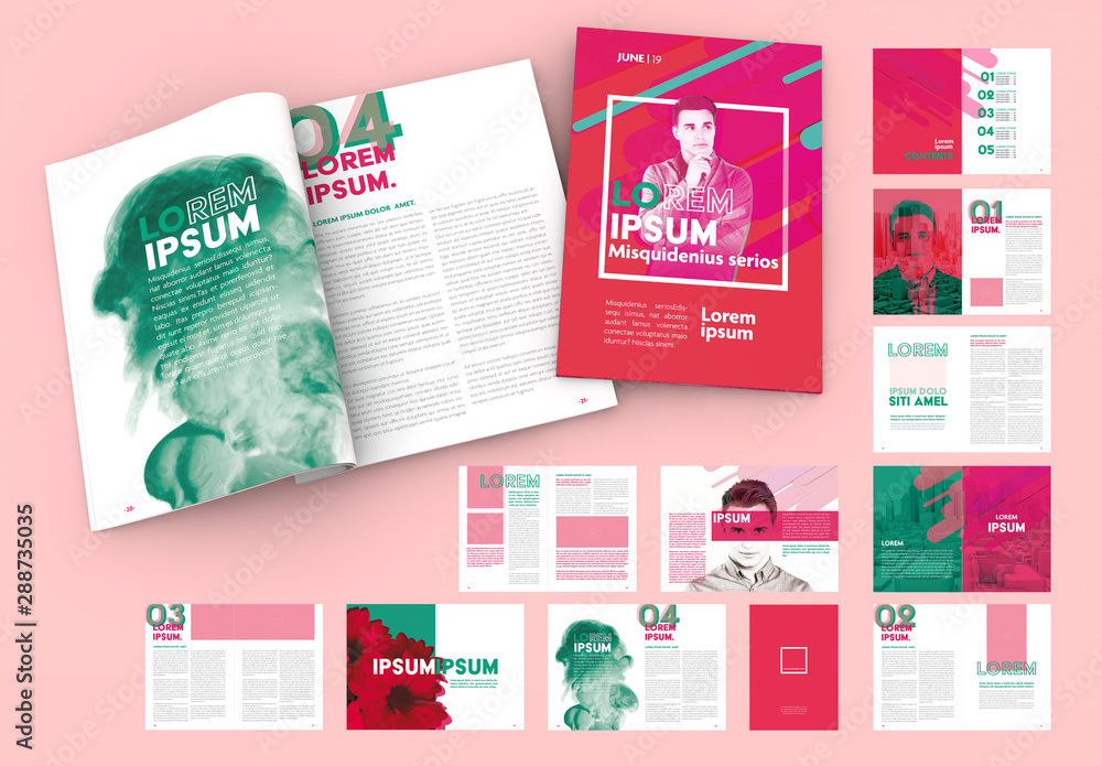 Magazine Layout with Green and Pink Elements Stock Template | Adobe Stock