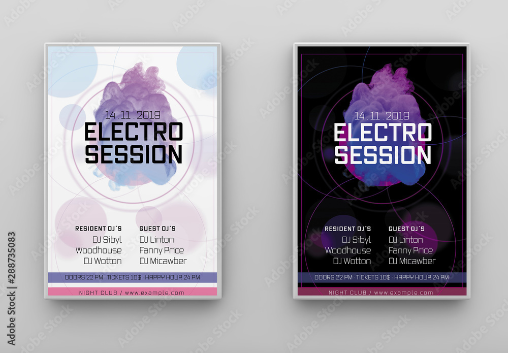 Techno Poster Layout with Purple Accents and Abstract Elements Stock ...