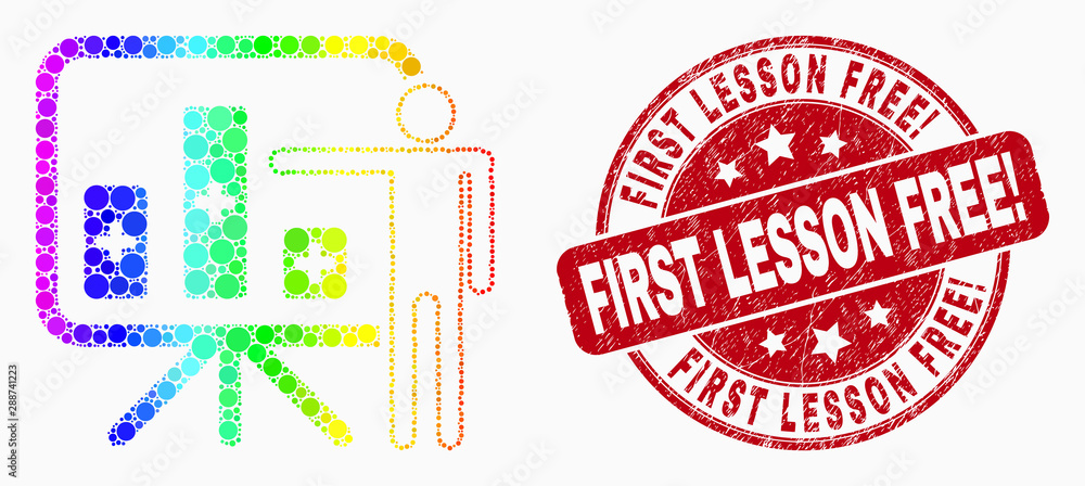 Pixelated bright spectral bar chart presentation mosaic icon and First ...