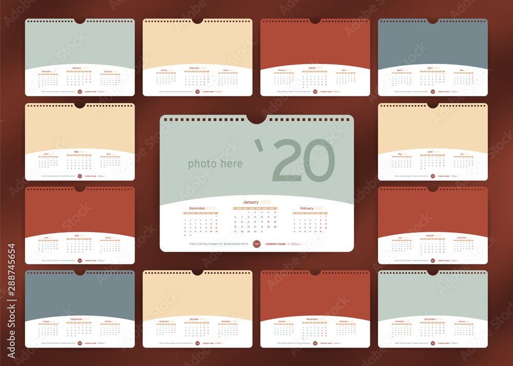 Wall or Desk Monthly Calendar for Year 2020. Vector Design Template ...