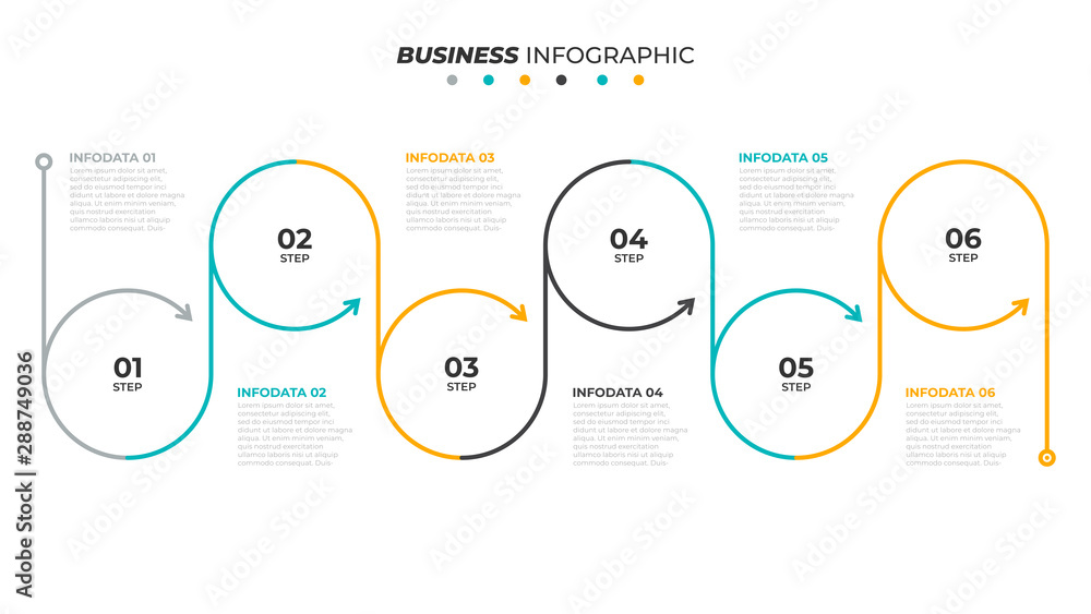 Business circle process lines design with arrows. Timeline with 6 steps ...