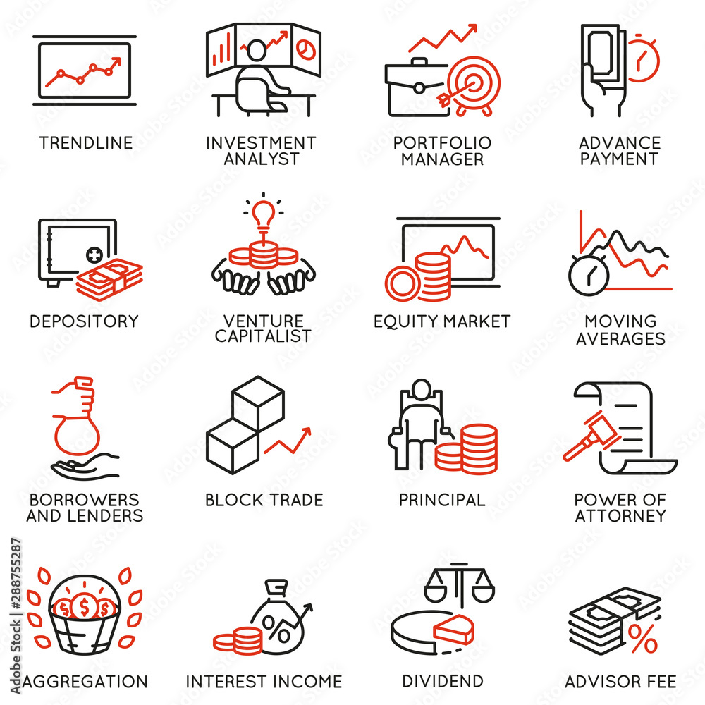 Vector set of linear icons related to investment, financial advice and ...