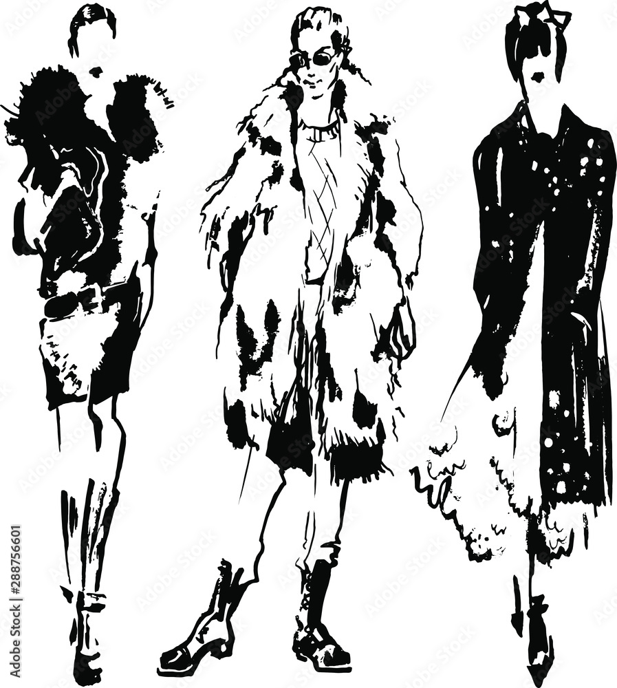 Vector hand drawn fast fashion sketch in black ink style. Illustration ...