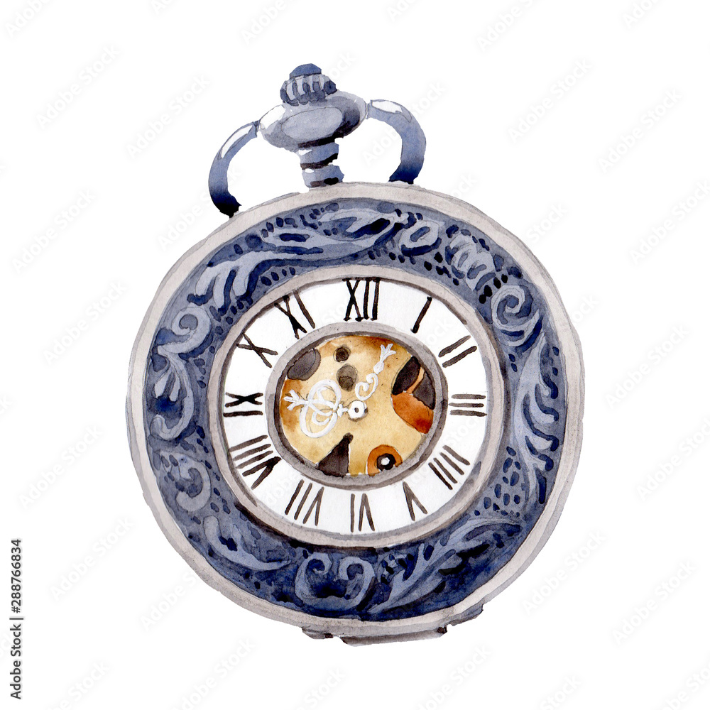 Vintage old clock pocket watch. Watercolor background illustration set ...