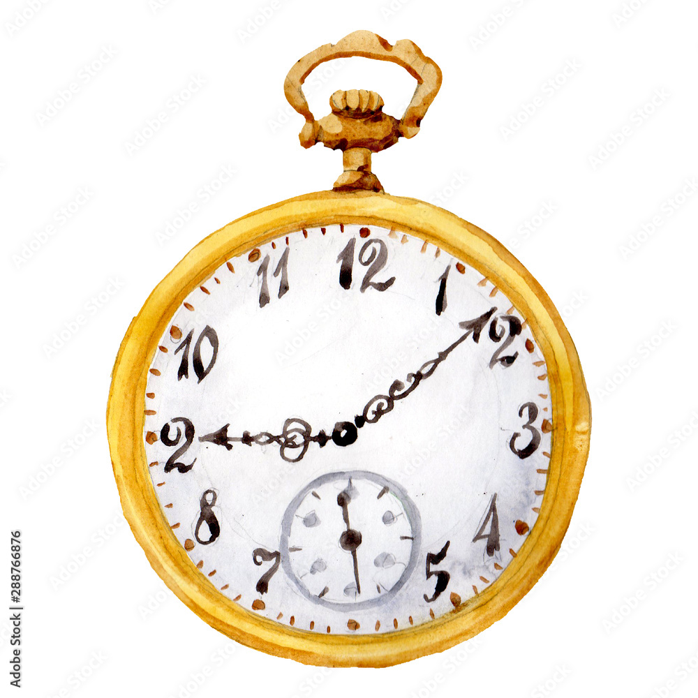 Vintage old clock pocket watch. Watercolor background illustration set ...