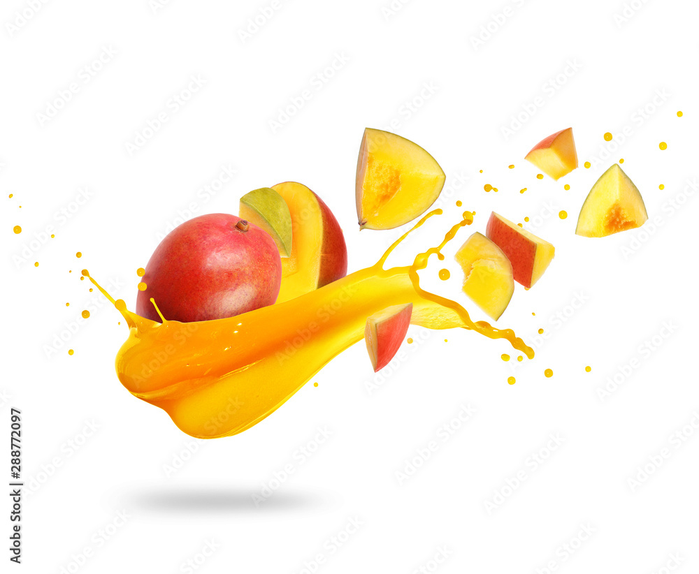 Sliced mango with splash of fresh juice, isolated on white background ...
