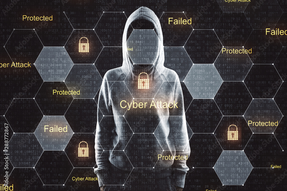 Cyber security concept with no face hacker and digital screen with ...