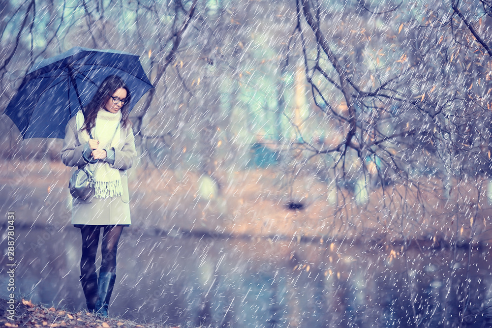autumn raindrops model / rain weather, girl autumn look, splashes and ...