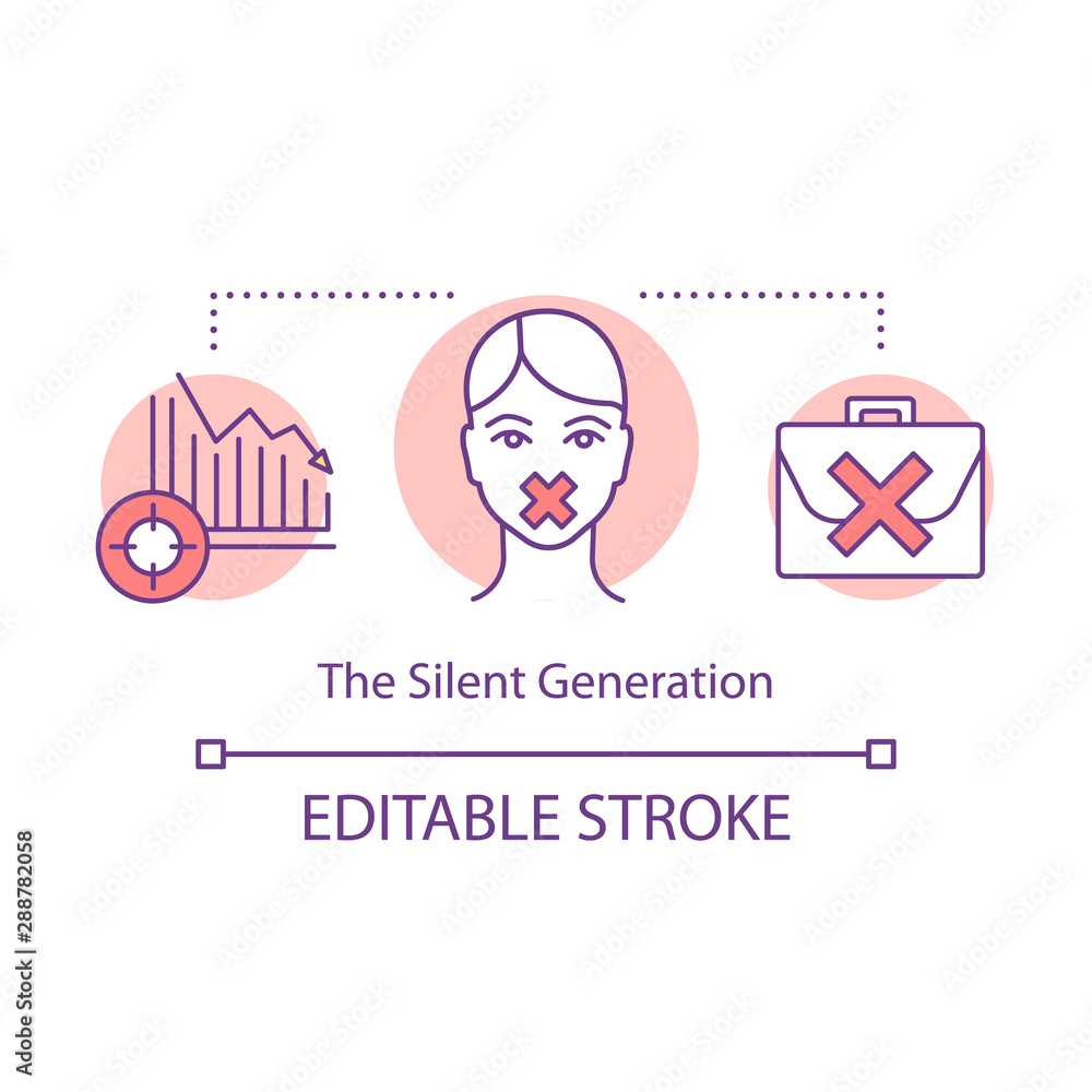 The Silent Generation concept icon. Speechless girl, falling chart ...