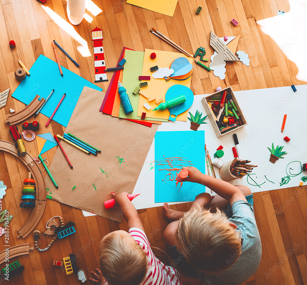 Kids draw and make crafts. Kindergarten or preschool background. Stock ...