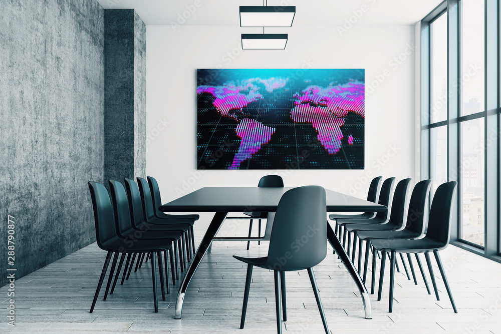 Conference room interior with world map on screen monitor on the wall ...