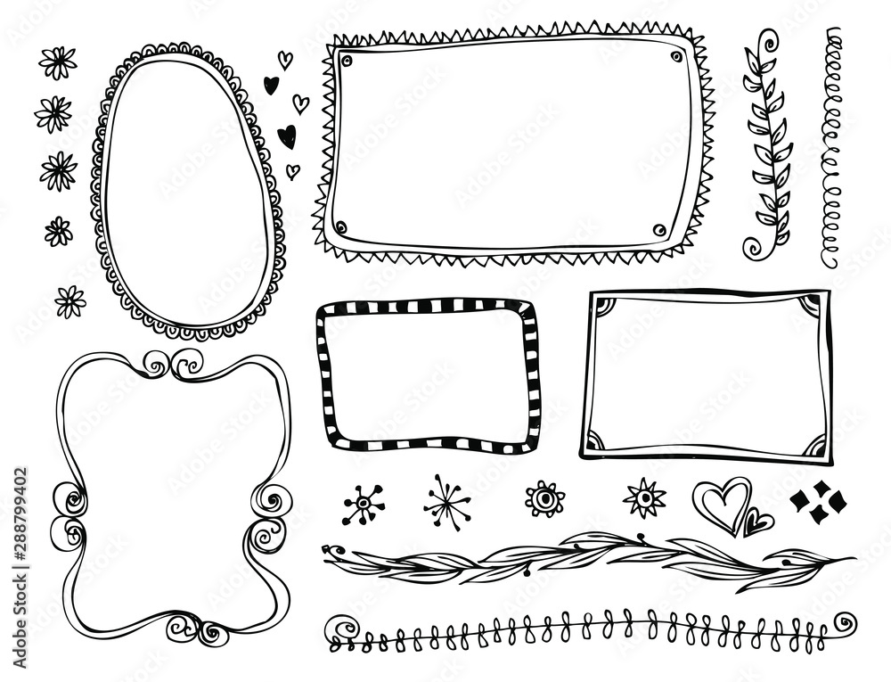 Hand drawn line, border, frame vector design element set. Template for ...
