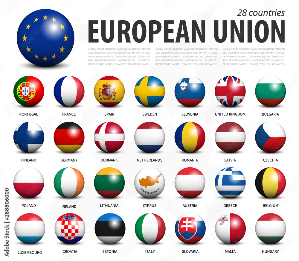 European union EU 3D circle balls line up and member flags design ...