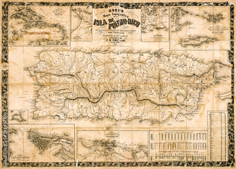 Antique topographical map of Puerto Rico 1863 while under Spanish rule ...
