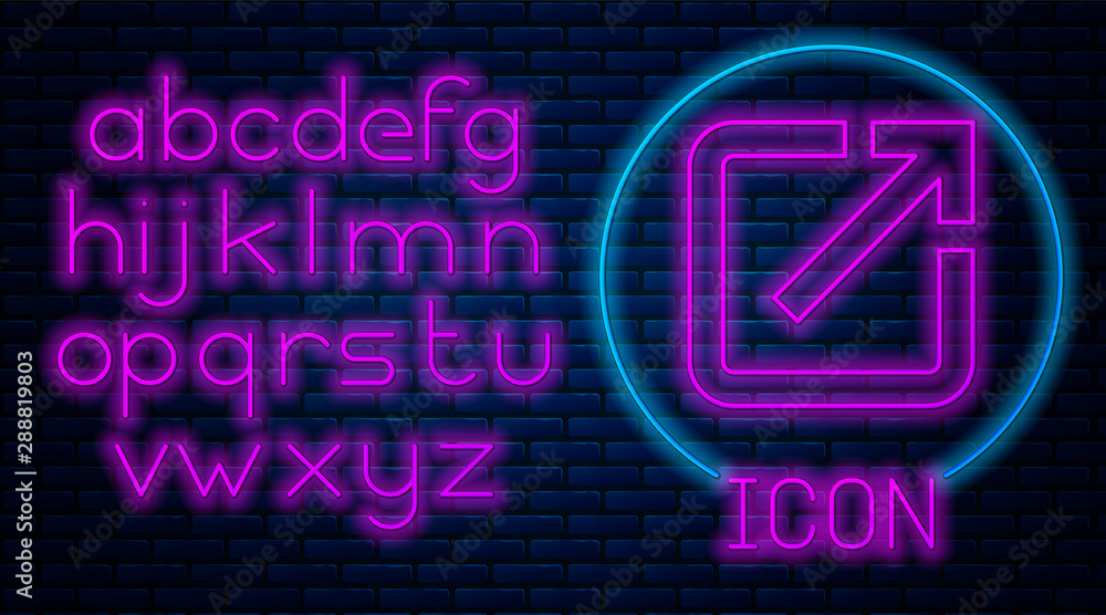 Glowing neon Open in new window icon isolated on brick wall background ...