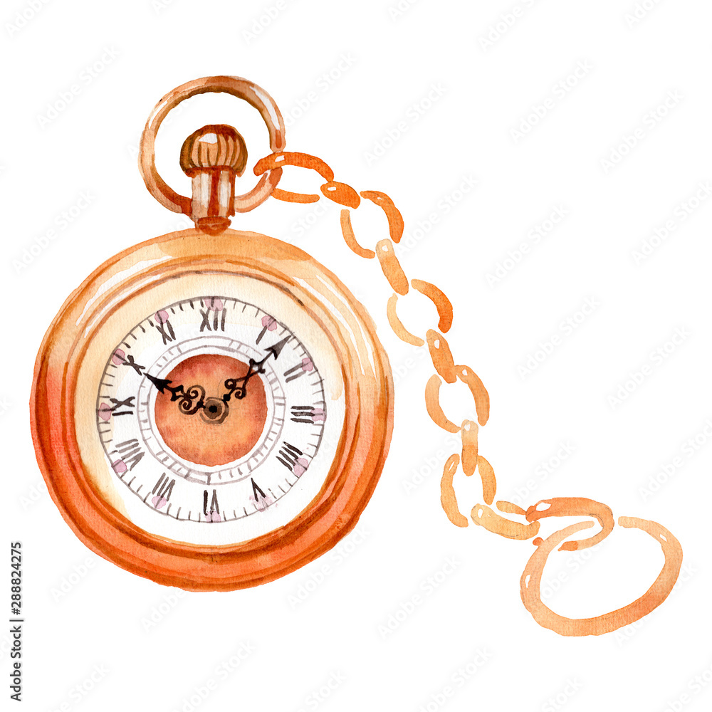 Vintage old clock pocket watch. Watercolor background illustration set ...