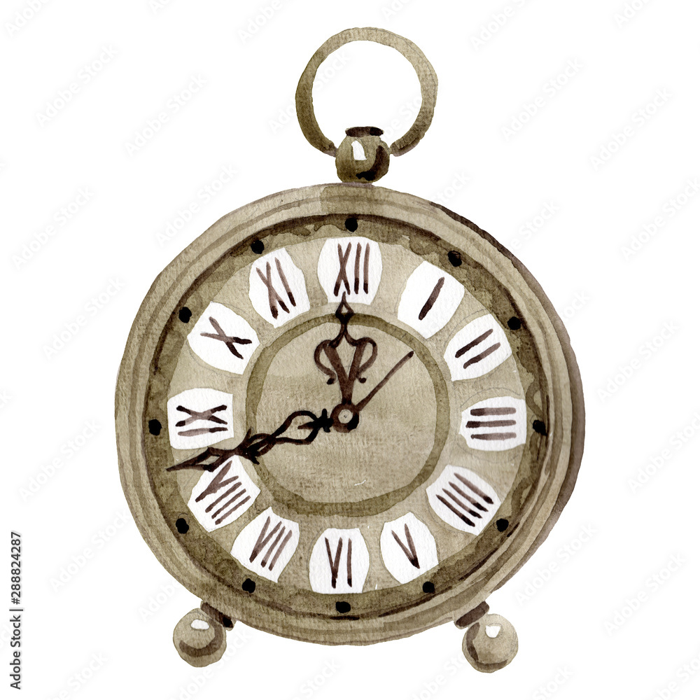 Vintage old clock pocket watch. Watercolor background illustration set ...