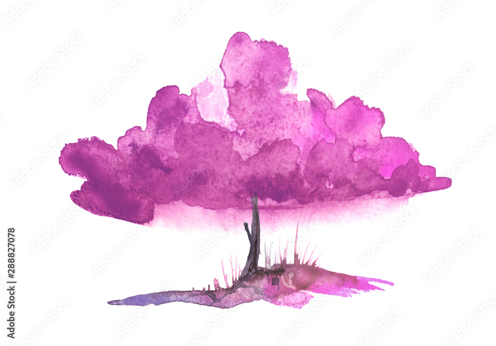 Watercolor tree of pink color on a white isolated background. Single ...
