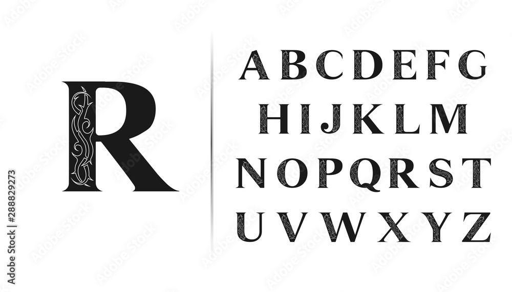 Elegant Gothic Font. Set Capital Letters with tattoo element. Vintage ...