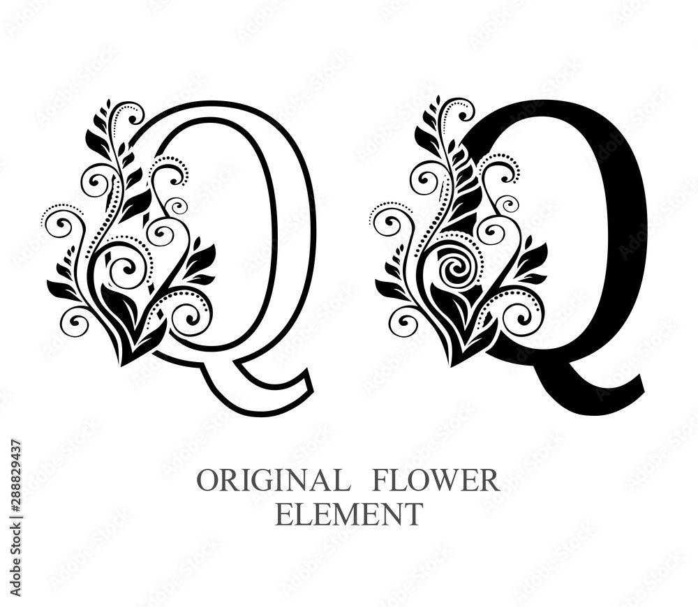 Elegant initial letters Q in two color variations with botanical ...