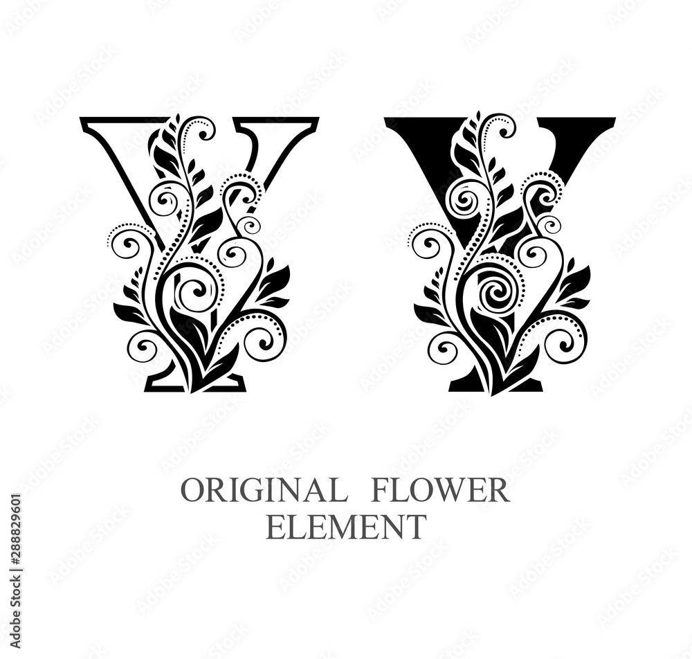Elegant initial letters Y in two color variations with botanical ...