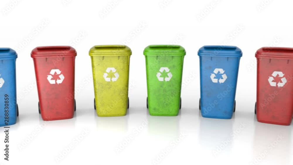 Multi colored plastic garbage waste bins of different colors with ...