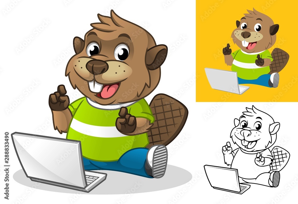 Beaver with Laptop Computer Cartoon Character Mascot Illustration ...