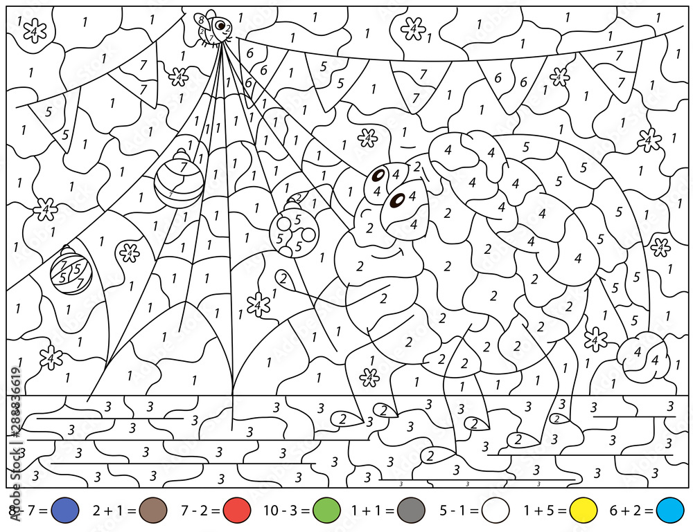 Cartoon spider decorates New Year tree. Addition and subtraction tasks ...