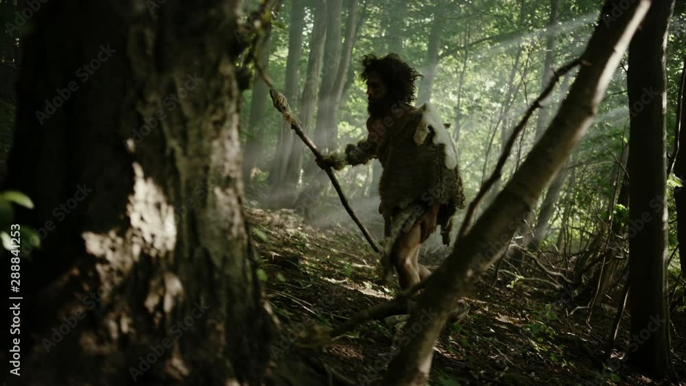 Primeval Caveman Wearing Animal Skin Holds Stone Tipped Spear Looks ...