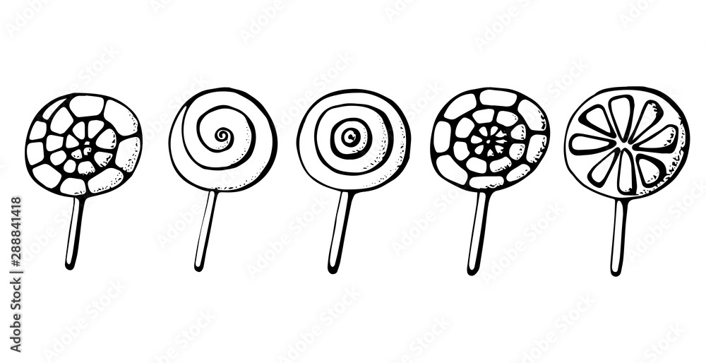 Lollipop elements hand drawn set. Coloring book template. Outline ...