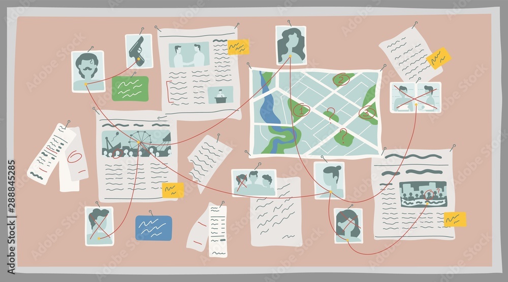 Crime research board flat vector illustration. Crime investigation ...