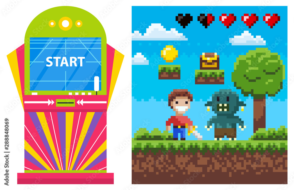 Start game on colorful gambling machine. Screen of pixel video-game ...