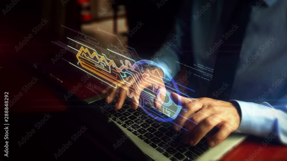 Man typing on laptop with cyber safety with key symbol hologram screen ...