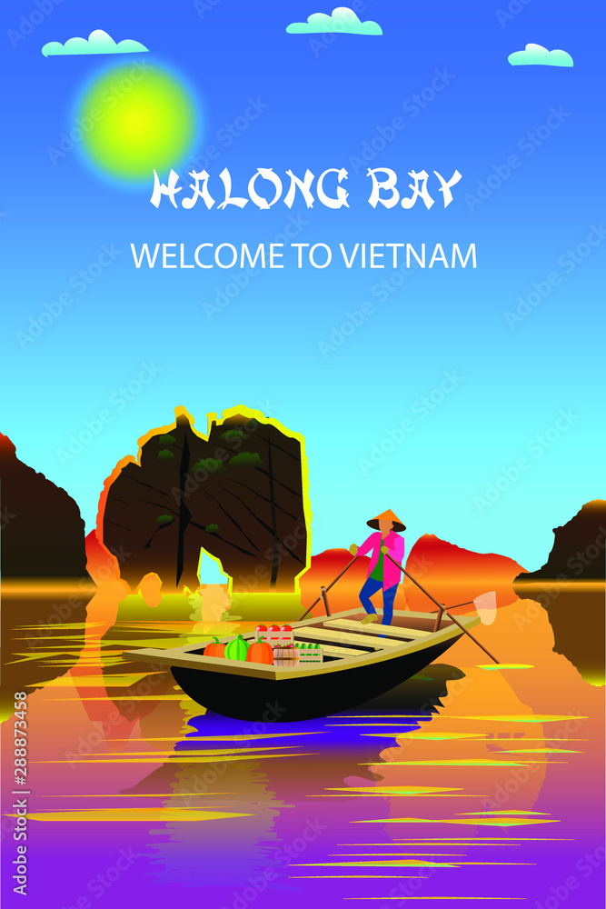 Asian food seller on a boat. Vector drawing on a white background ...