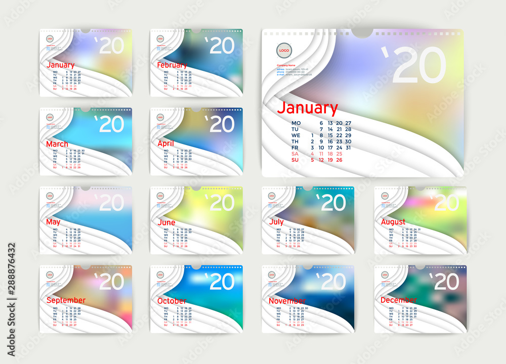 Wall or Desk Monthly Calendar for Year 2020. Vector Design Template ...