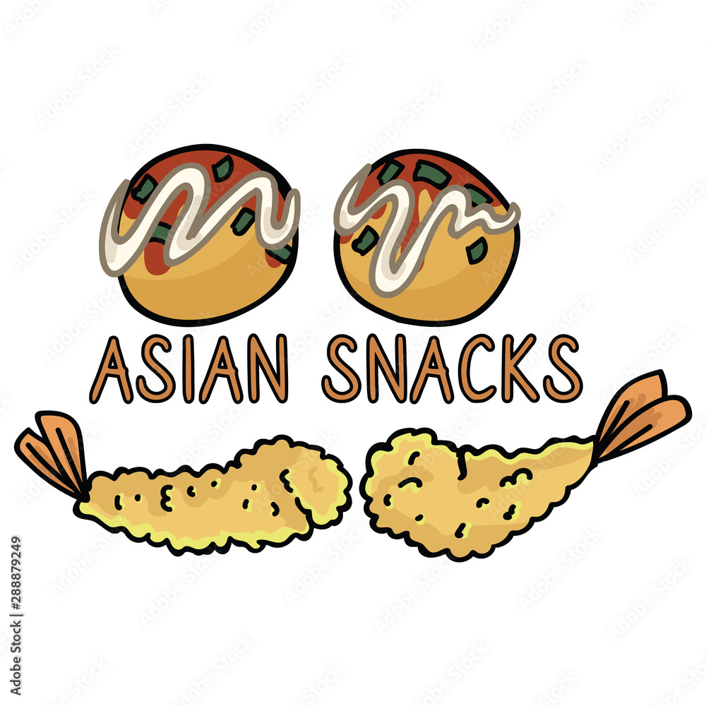 Cute Japanese snack assortment vector. Tempura and takoyaki asian food ...
