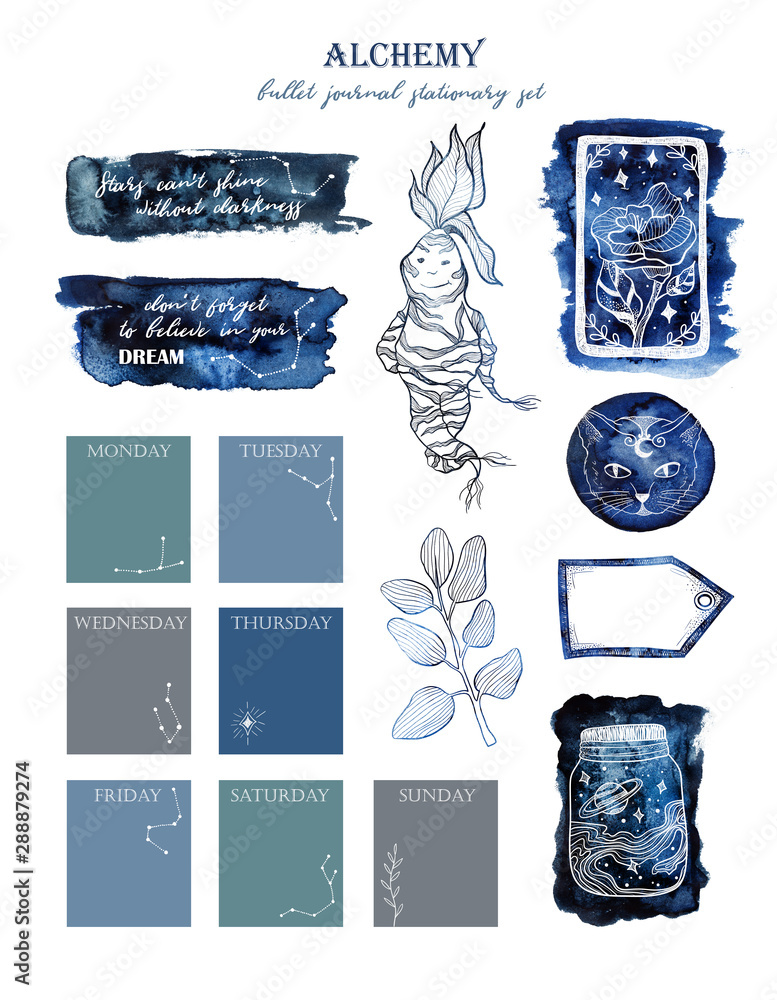 Alchemy and magic. Bullet journal collection. Set of watercolor and ...