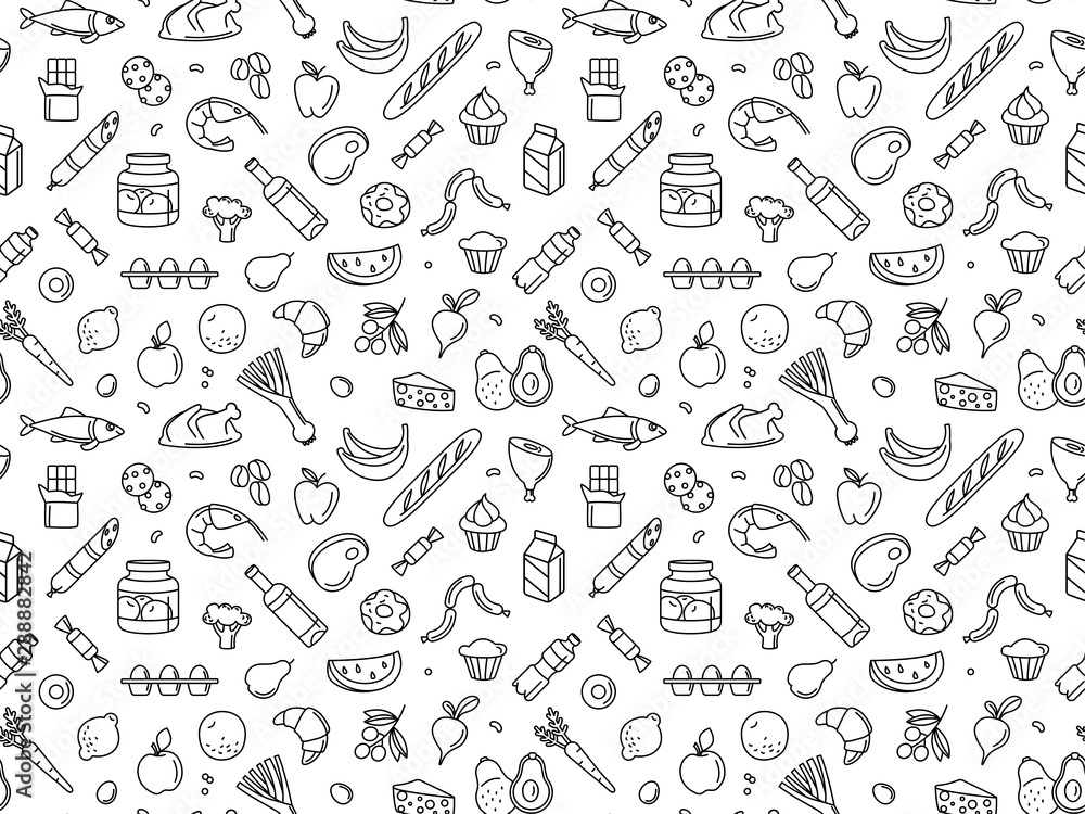 Seamless Pattern Supermarket Grosery Store Food Drinks Vegetables